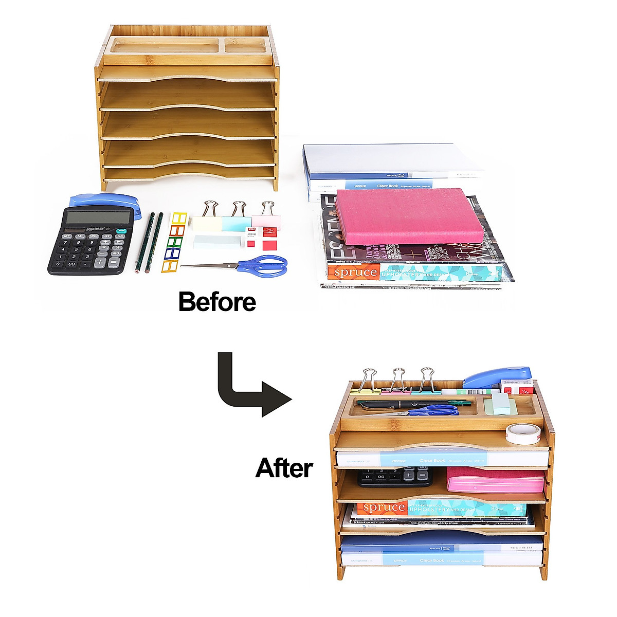 SONGMICS Bamboo File Organizer Paper Sorter with 5 Adjustable Shelves Top Storage Compartments Natural UOFS44Y