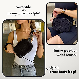Boutique Fleece Belt Bag | Sherpa Crossbody Bag Fanny Pack for Women Fashionable | Cute Mini Everywhere Bum Hip Waist Pack | Small Fashion Travel Chest Bag | Gold Accessories | Adjustable Small Strap | Black