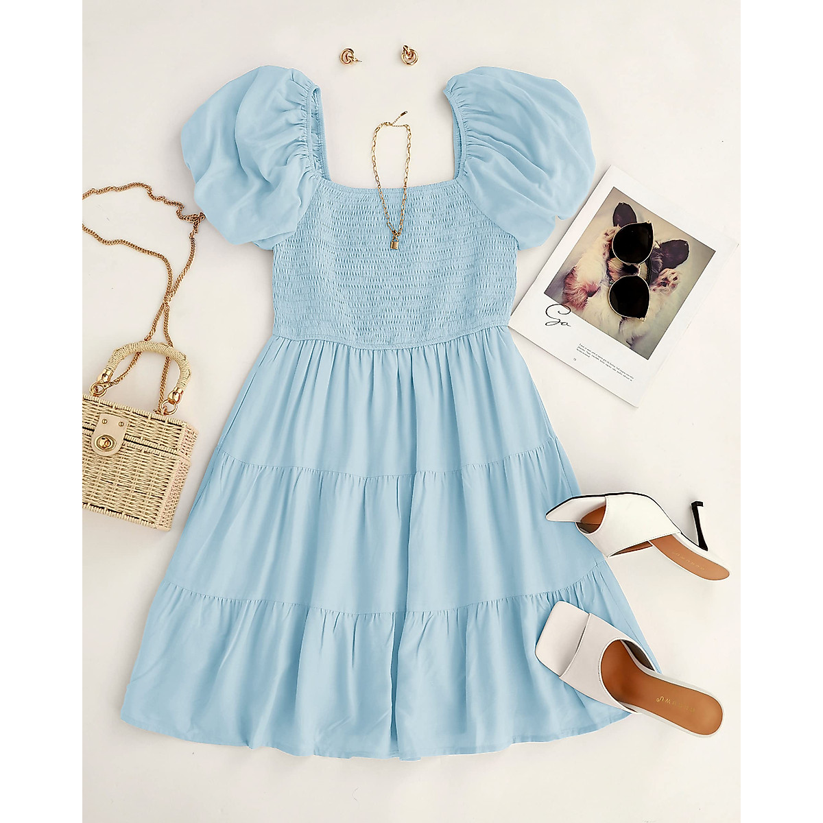 ZESICA Women's Boho 2025 Summer Square Neck Puff Sleeve Off Shoulder Smocked Tiered Casual A Line Short Mini Dress,LightBlue,XX-Large