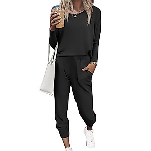 Ekouaer Women's Pajama Sets Casual 2Pcs Sleepwear Long Sleeve Pullover Tops Long Joggers Pants with Pockets Black