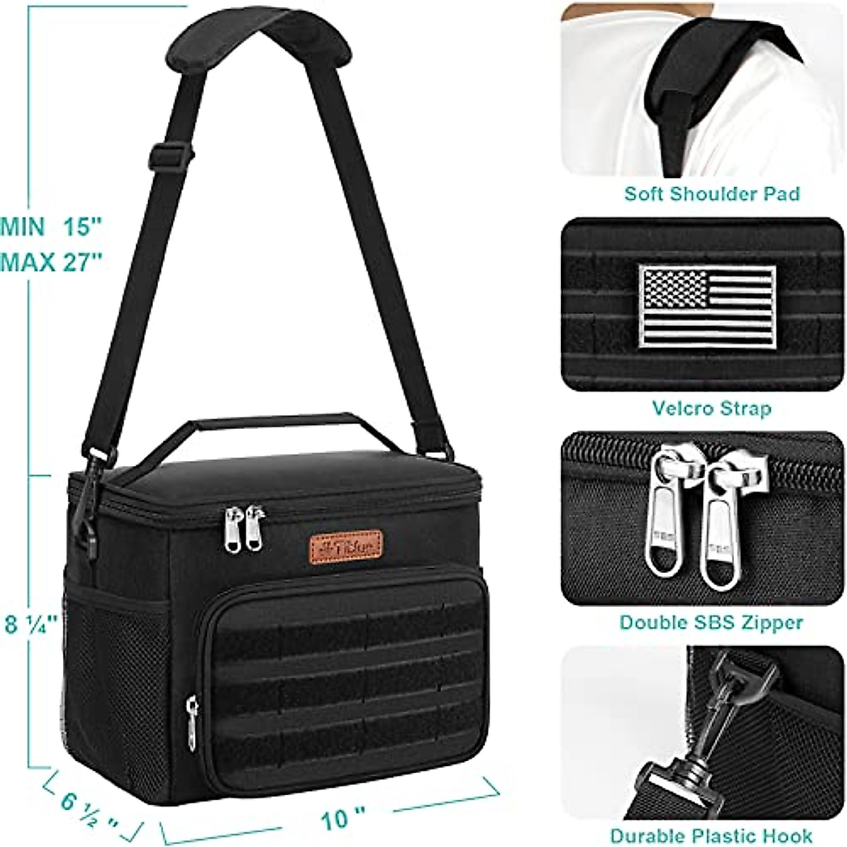 Tiblue Insulated Reusable Lunch Box for Office Work School Picnic Beach, Leakproof Freezable Cooler Bag with Adjustable Shoulder Strap (Medium, Tactical Black)