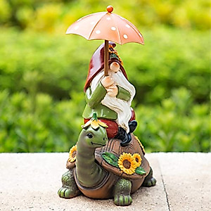 Seegarden Garden Statue Gnome Cute - Large Outdoor Gnome Statue Sculptures with Solar Lights, Resin Gnome Figurine Sitting on Turtle with Umbrella for Home Patio Yard Lawn Porch Decorations …