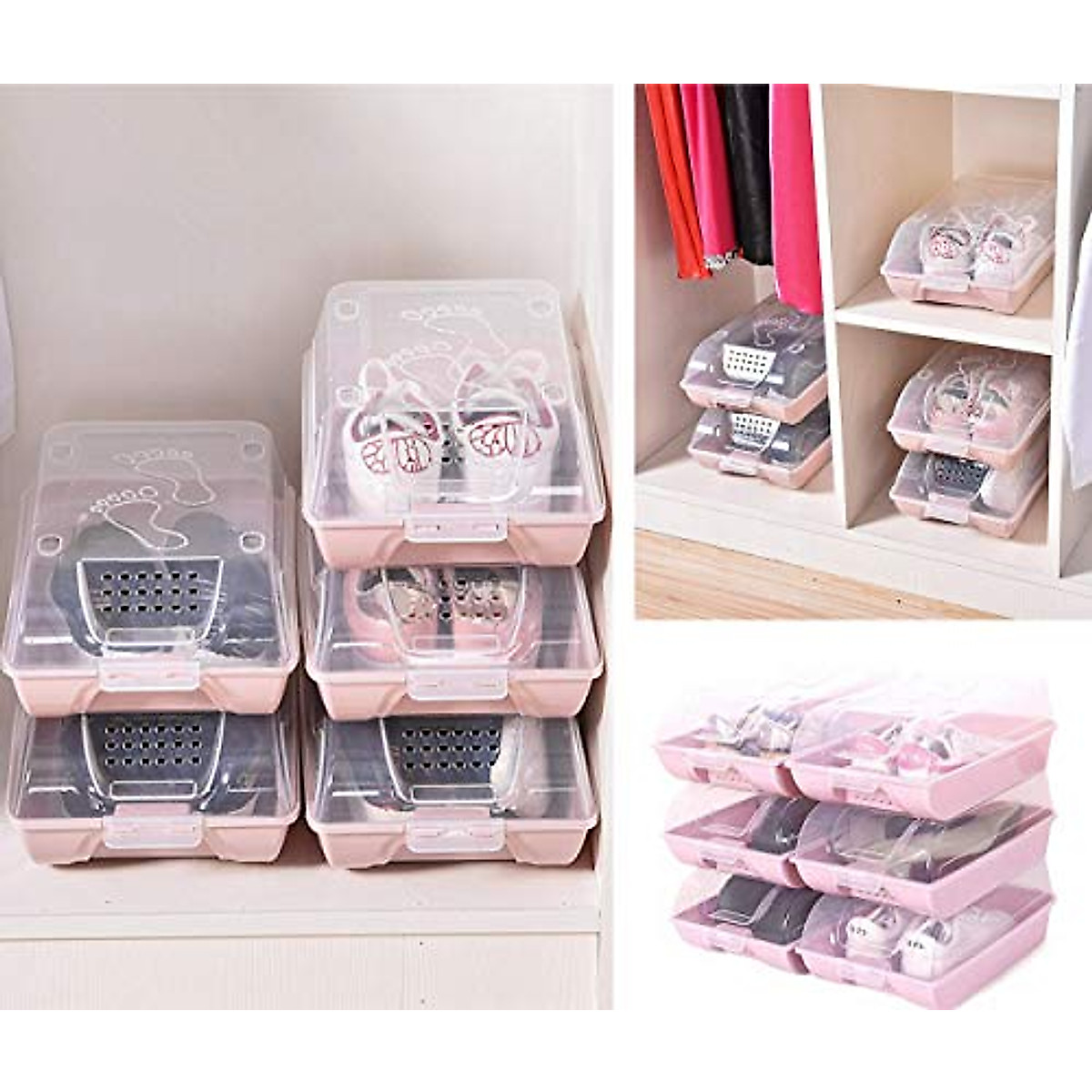 YEAVS 6 Pack Storage Shoe Box Stackable, Thickened Clear Plastic Shoes Containers, Sneaker Organizer Bins with Lids (Pink)