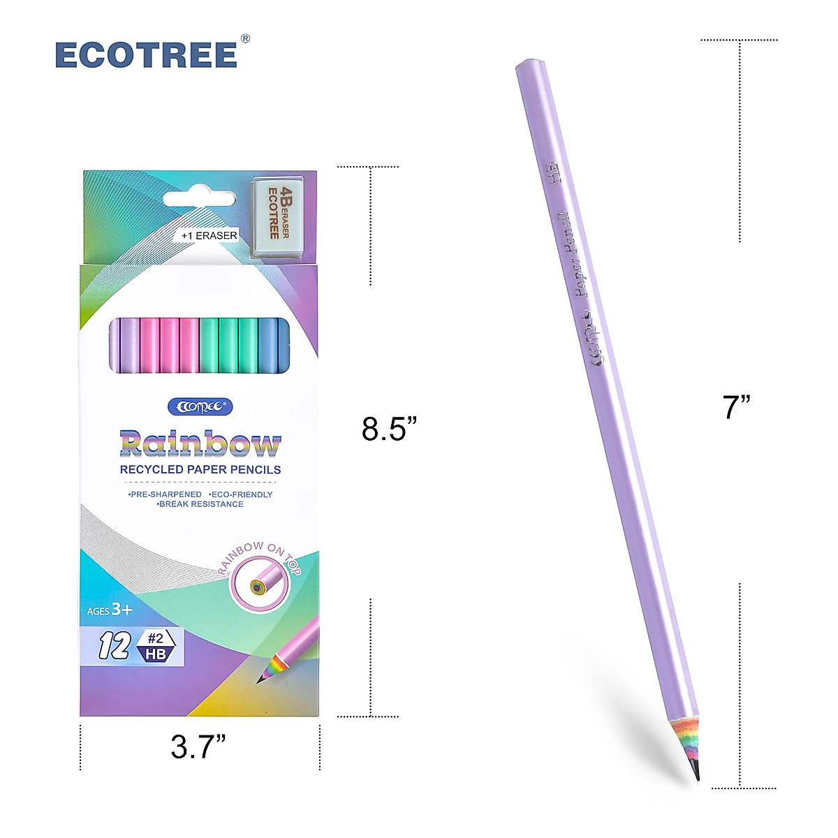 ECOTREE Eco-friendly Wood & Plastic Free Rainbow Recycled Paper #2 HB Pencils For School and Office Supplies, Pre-sharpened,12-Pack