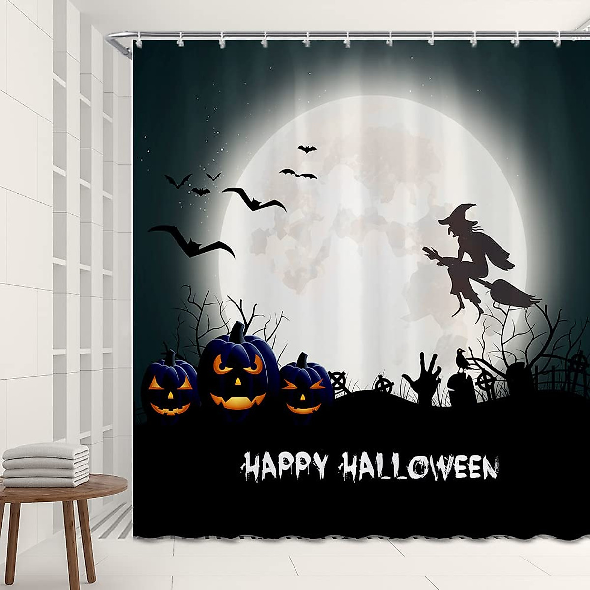 PZMPZM Halloween Shower Curtain Witch Pumpkin Lanterns Full Moon Tombstone Bats Crow Pattern Party Backdrop Cloth Bathroom Polyester Fabric Curtains with Hooks 70Wx70H inch