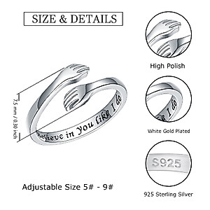 Hug Ring Sterling Silver Adjustable,White Gold Plated Couple Believe In You Like I Do Hug Ring Hugging Rings for Women Men, Friendship Love Rings Wrap Around Hand Ring Jewelry for Teen Girls Sizes 6-9