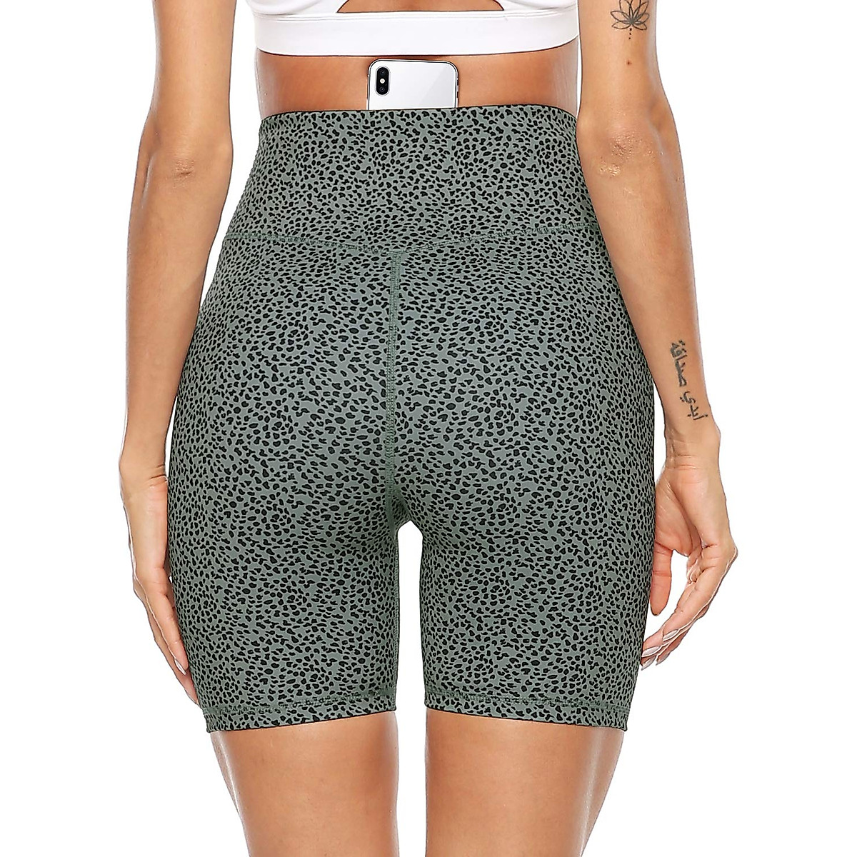 PERSIT Women's High Waist Print Workout Yoga Shorts with 2 Hidden Pockets, Non See-Through Tummy Control Athletic Shorts Bean Green Leopard