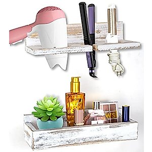 Hair Tool Organizer Wall Mounted - Wooden Hair Dryer Holder, Rustic Blow Dryer Holder for Curling Iron, Hot Tools, Hair Straighteners, Set of 2 Bathroom Vanity Tray for Makeup,Toiletries, White