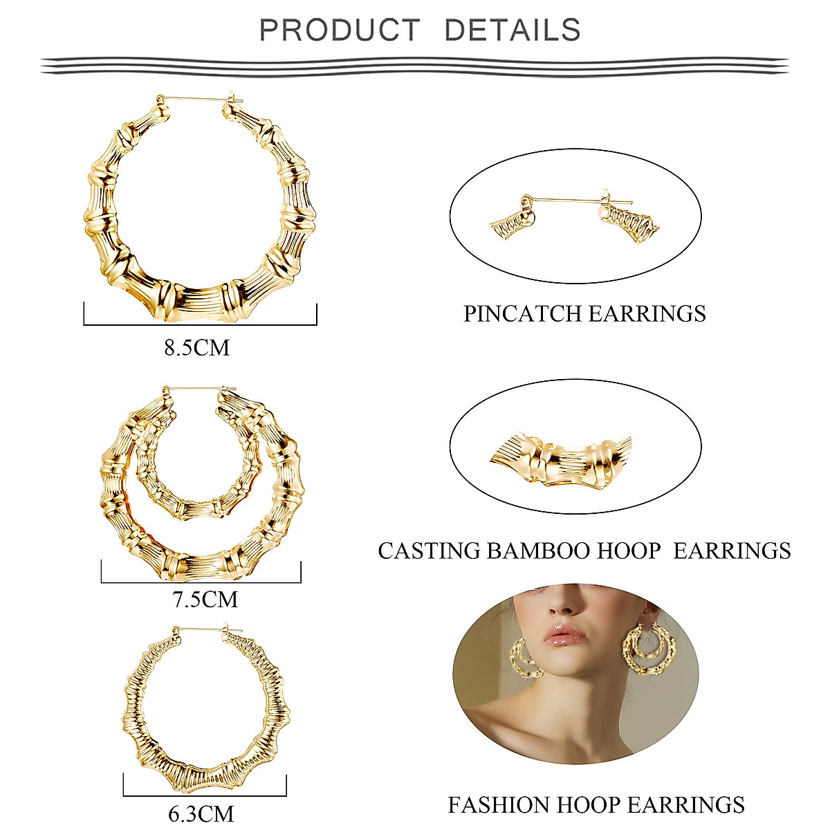 Hanpabum 3 Pairs Bamboo Earrings Large Hoop Earrings Set Gold Tone Round Statement Hip-Hop Earrings For Women (A)