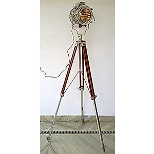 Maritime Nautical Studio Chrome Floor Lamp Searchlight Wooden Tripod Spotlight Floor Lamp For Decorative By , Brown & Silver, 45 Inch