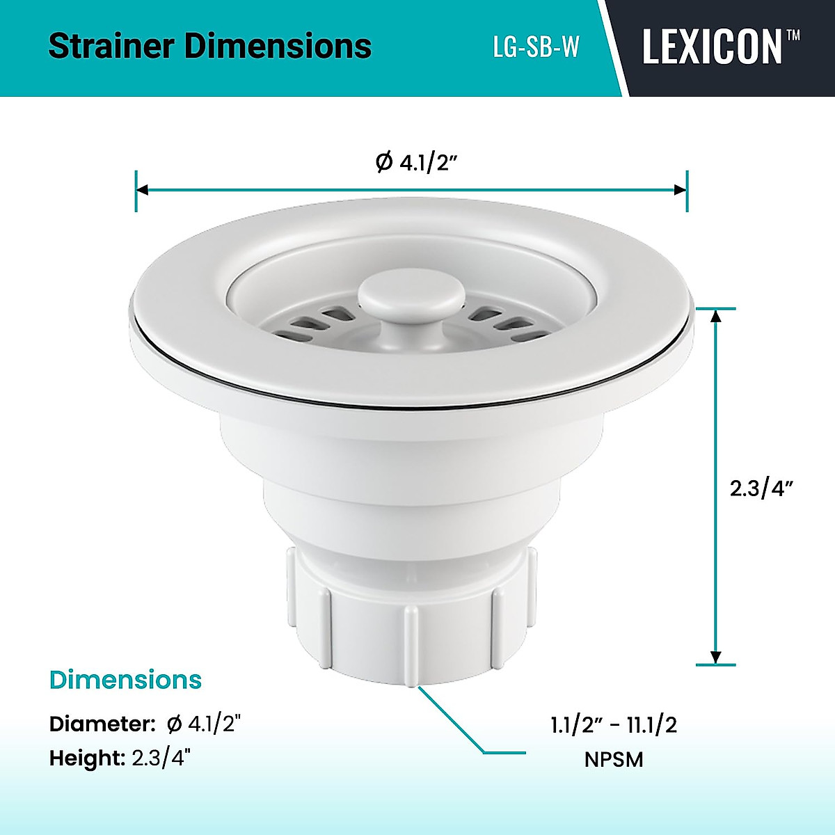 Lexicon Quartz Kitchen Sink Strainer with White Finish, Fits 3.5 Inch Drain Hole LG-SB-W