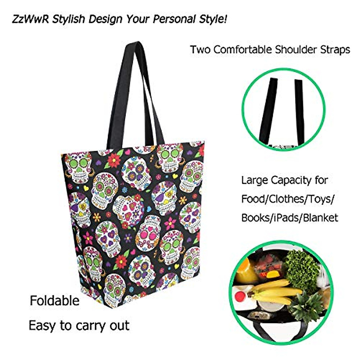 ZzWwR Chic Day of The Dead Sugar Skull Large Canvas Shoulder Tote Top Handle Bag for Gym Beach Travel Shopping