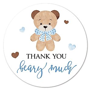 Blue Bear Thank You Stickers, 2 Inch Bear Boy Baby Shower Birthday Party Labels 40-Pack