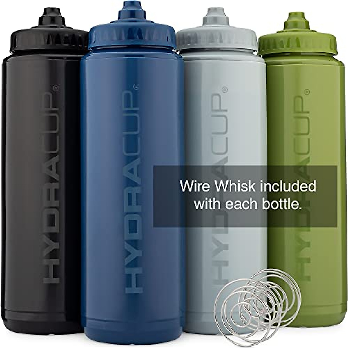 Hydra Cup - 4 PACK - 32oz Squeeze Water Bottles Bulk Set, BPA FREE, For Sports, Cycling, Bike, Quick Squirt Hydration, Shaker Cup Wire Whisk Included.