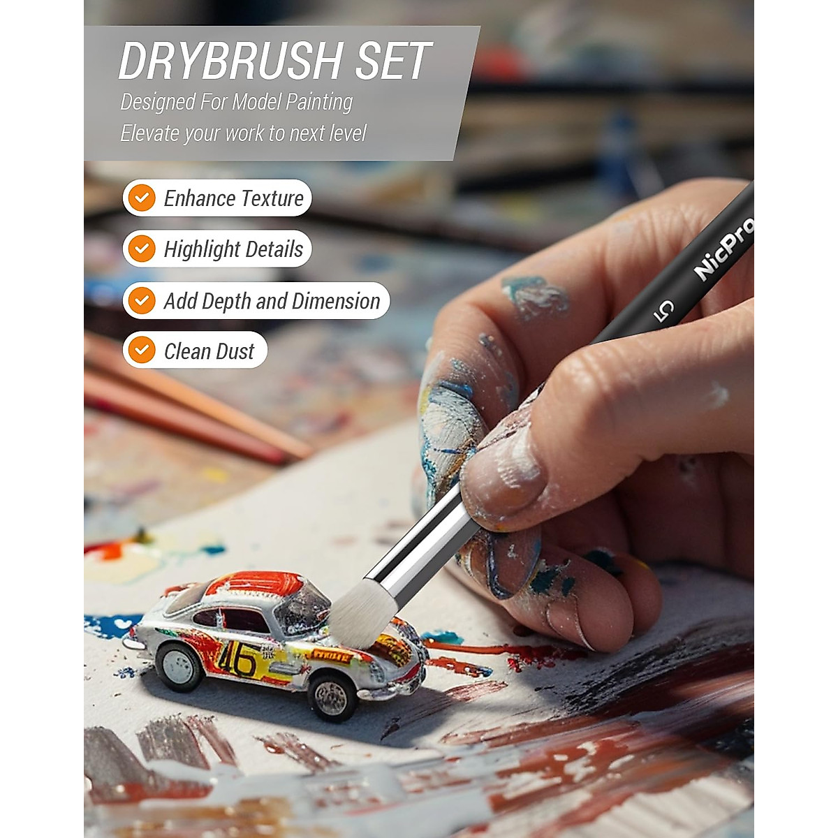 Nicpro Miniature Paint Brushes Drybrush - 21PCS Model Paint Brush Set for Acrylic Watercolor, Detail Paint Brush Dry Brush for Warhammer 40k, Citadel Paint, Model, DND Miniatures - with Container