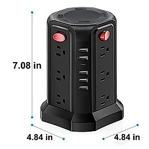 Power Strip Tower Surge Protector, 16.4 FT Extension Cord with 12 AC Outlets 5 USB Charging Ports Desktop Charging Tower Station for Multiple Devices for Home Office Dorm Room Black