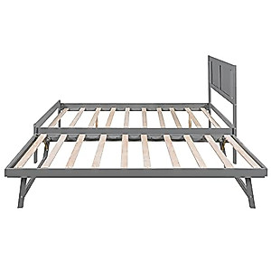 Goohome Full Size Platform Bed with Adjustable Trundle, Wooden Full Bed Frame with Headboard, Sturdy Slat Support, No Box Spring Needed