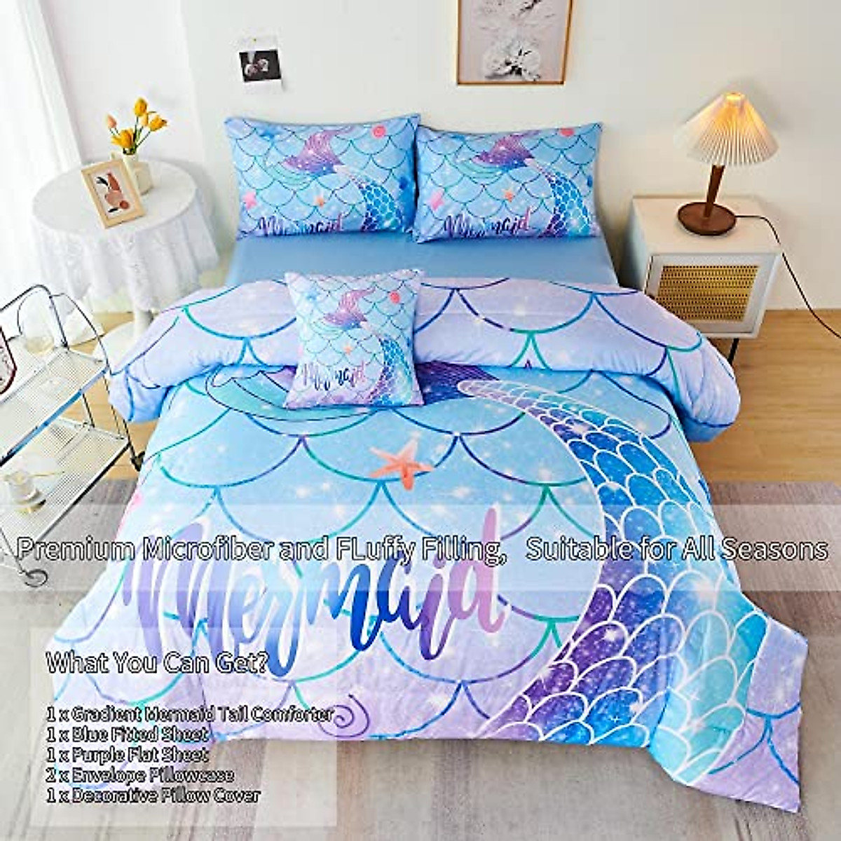 RYNGHIPY 6Pcs Mermaid Tail Comforter Set for Kids Girls, Mermaid Fish Scale Bed in a Bag Twin Size, Sparkle Teal Purple Rainbow Bedroom Decor Bedding Set