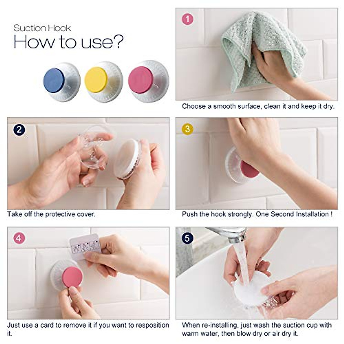 Suction Cup Hooks Pack of 6 Reusable Suction Cup Hooks for Shower Waterproof Bathroom Towel Hooks Max Hold 11lbs Colorful Shower Suction Hooks for Bathroom/Kitchen/Living Room/College Dorm Room