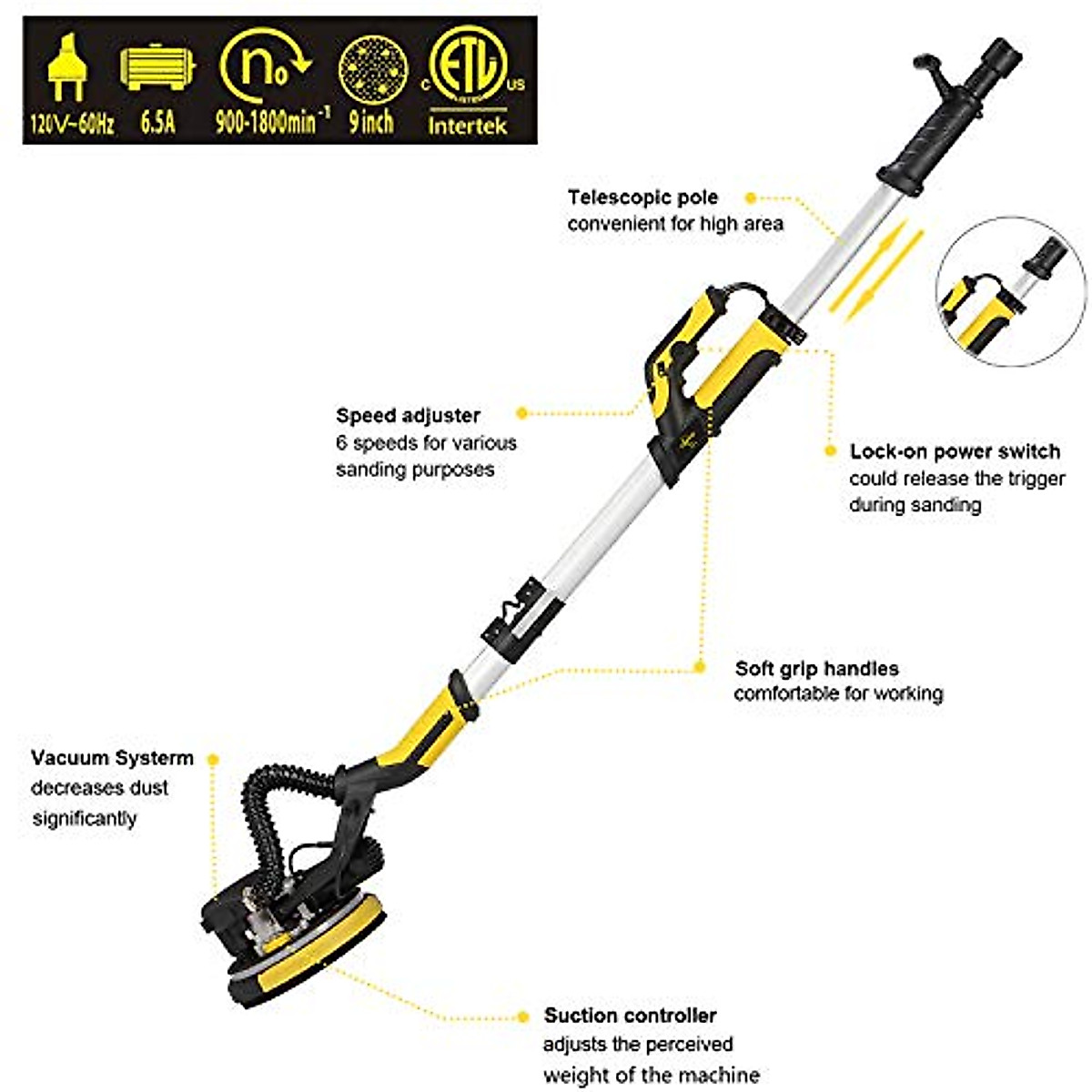 CUBEWAY Drywall Sander with Vacuum, Rotary and Detachable Dust Shroud for up to the Wall Sanding, Electric Drywall Sander with Variable Speed and Led Light, ETL Listed