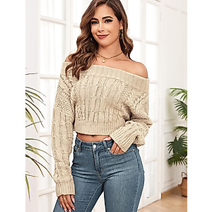 ZAFUL Women's Off Shoulder Cable Knit Crop Top Sweater - Long Sleeve Pullover with Batwing Sleeves