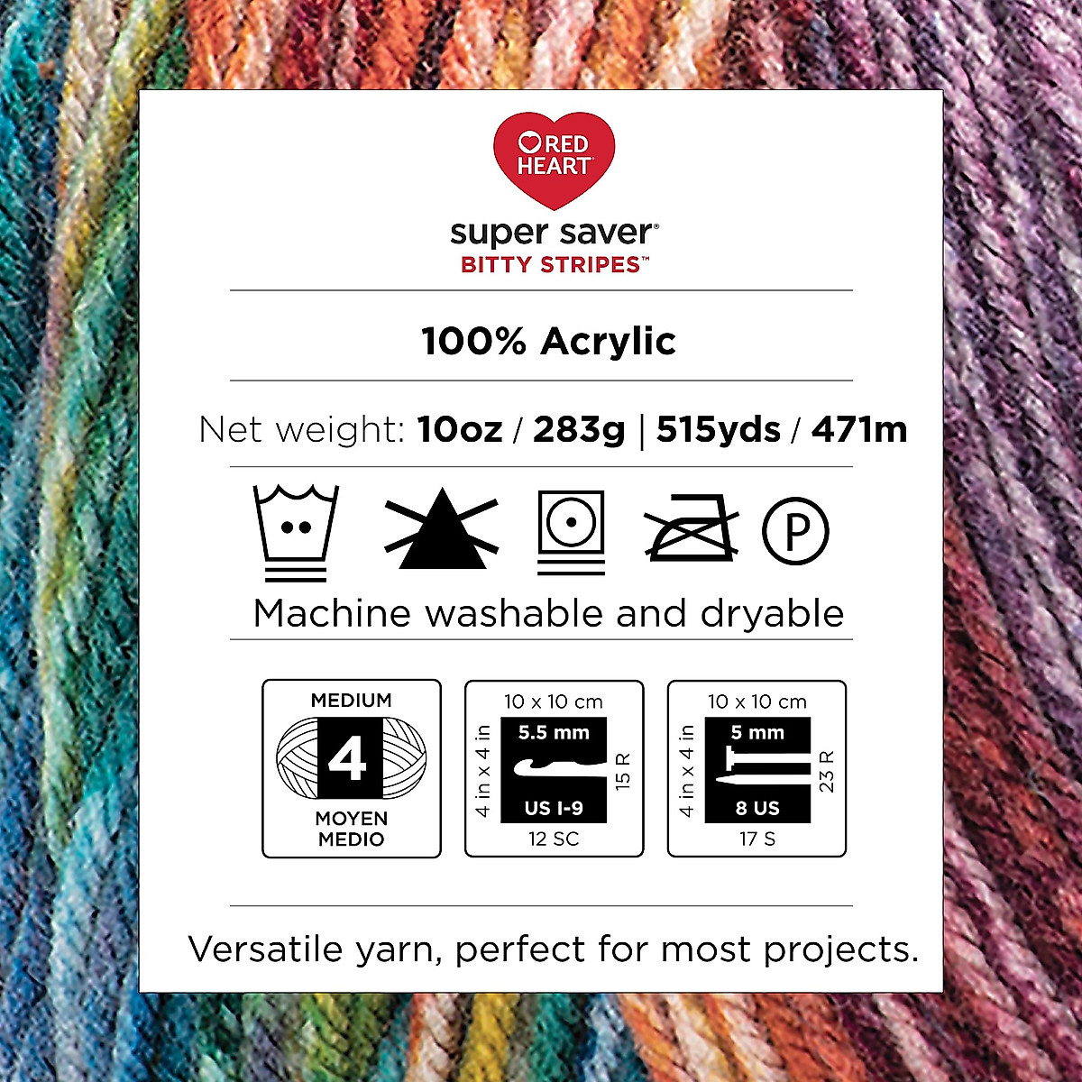 Red Heart Super Saver Bitty Stripe Crayon Box Yarn - 2 Pack of 10oz/283g - 100% Acrylic - #4 Worsted (Medium) - 515 Yards - Knitting/Crochet