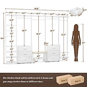 Aheaplus 8FT Closet Organizer Systems with 6-Drawers, 96'' Wood Closet Organizer with Storage for Walk In Closets, Clothing Rack Wardrobe Closet Garment Rack for Hanging Clothes, Bedroom, White