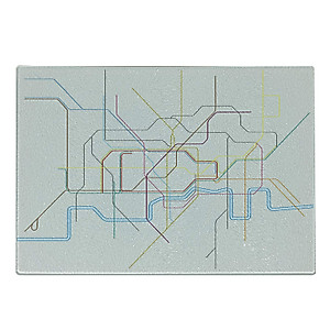 Lunarable London Underground Cutting Board, Colorful Lines Crossrail Map of Tube Train Roads Contemporary Urban Art, Decorative Tempered Glass Cutting and Serving Board, Small Size, Multicolor