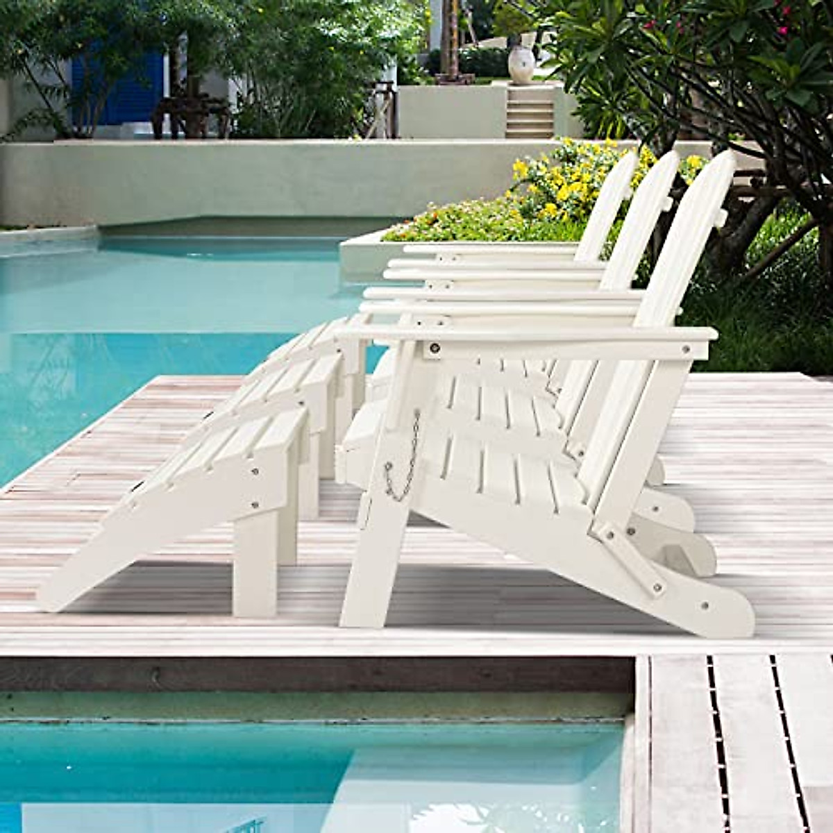VINGLI Plastic Adirondack Chairs Set of 2 with Ottoman, Folding with Cup Holder, Waterproof HDPE Material, 380lb Weight Capacity for Outdoor Pool Patio Lounge Chair Lawn Furniture Firepit (White)