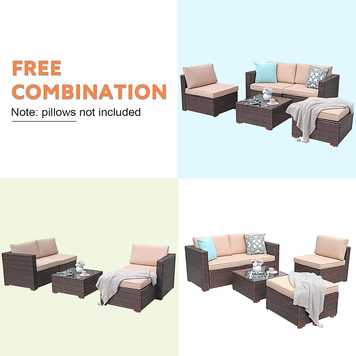 Super Patio Outdoor Patio Furniture Set, 5pc PE Wicker Rattan Sectional Furniture Set with Cushions and Coffee Table, Brown
