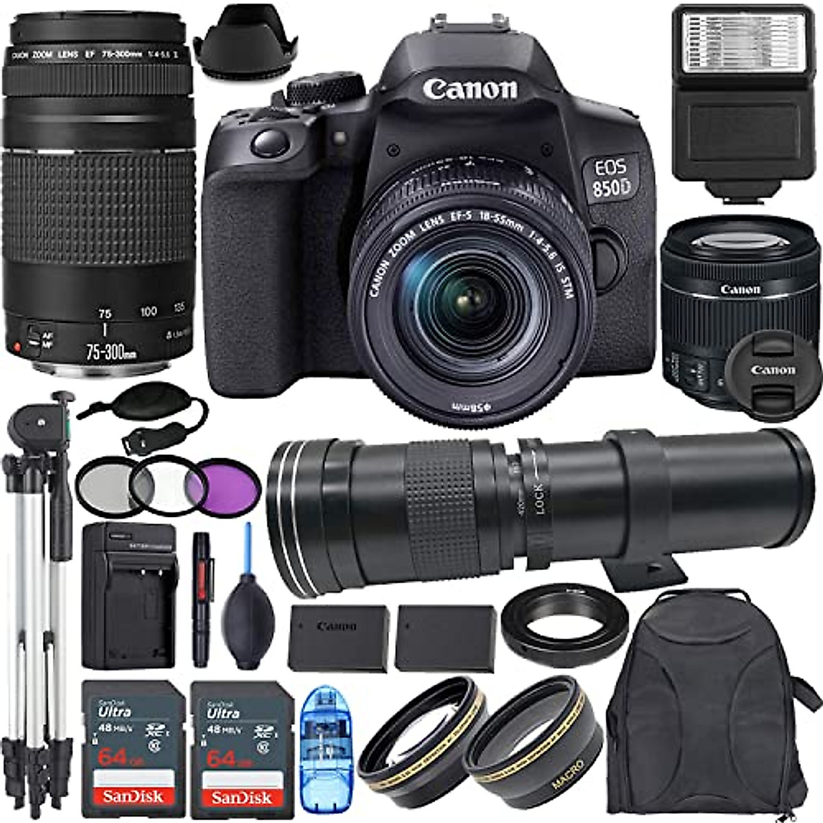 Camera Bundle for Canon 850D / T8i DSLR Camera with 18-55mm f/4-5.6 is STM + 75-300mm f/4-5.6 III + 420-800mm Manual Focus Lens and Accessories Kit (128GB, Travel Charger, Tripod, and More)