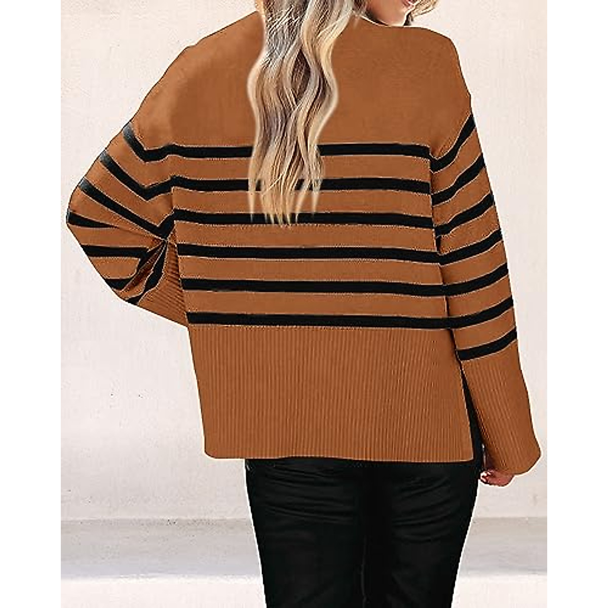 KIRUNDO Women's 2023 Fall Winter Casual Oversized Long Sleeve Striped Sweater Crew Neck Ribbed Knit Side Slit Pullover(Brown, Large)