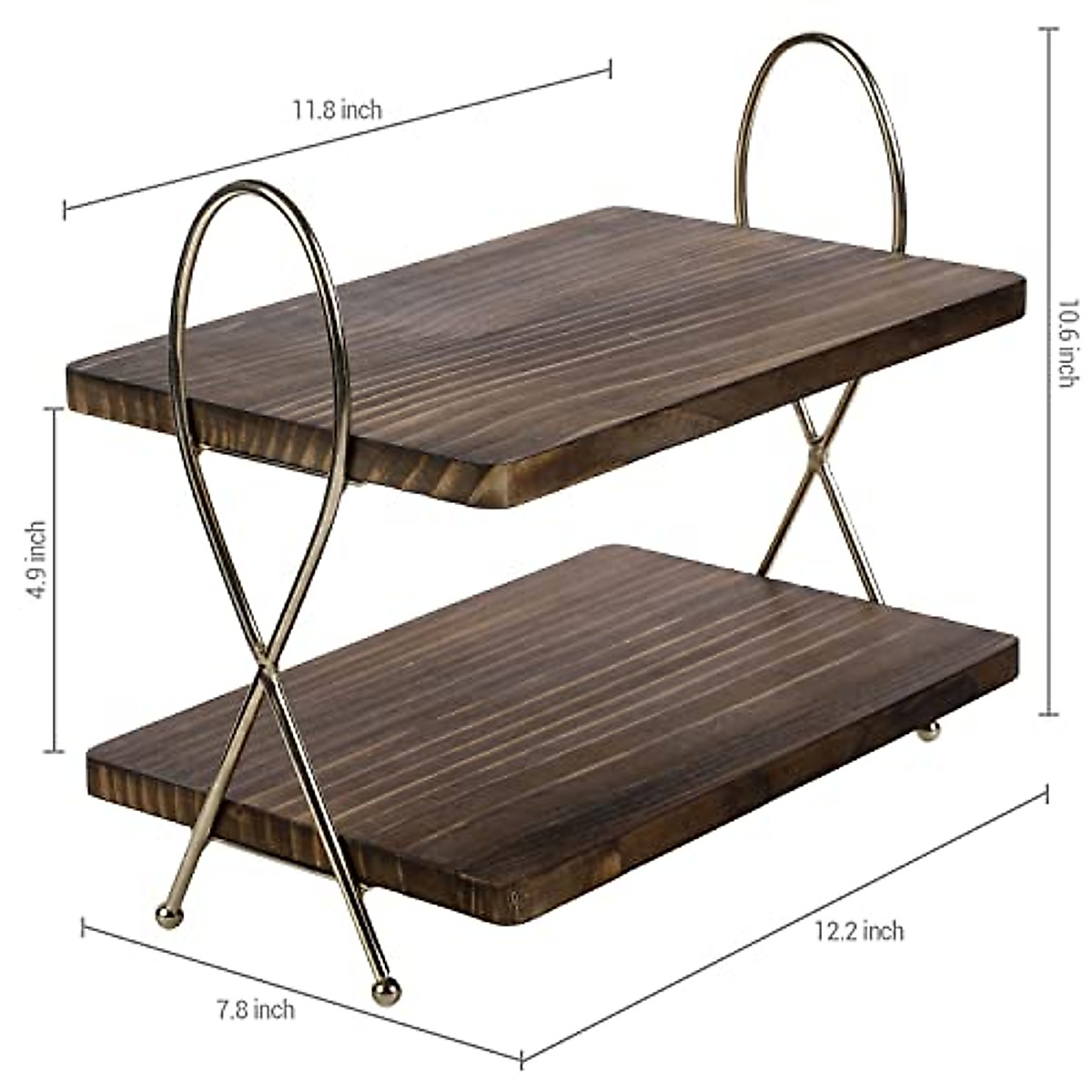 MyGift 2 Tier Burnt Wood and Brass Metal Server Cupcake Holder Stand, Dessert and Appetizer Tower, Buffet Serving Riser Display