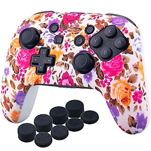 YoRHa Studded Silicone Transfer Print Cover Skin Case ONLY for Nitendo Official Switch Pro Controller x 1(Flowers) with Pro Thumb Grips x 8