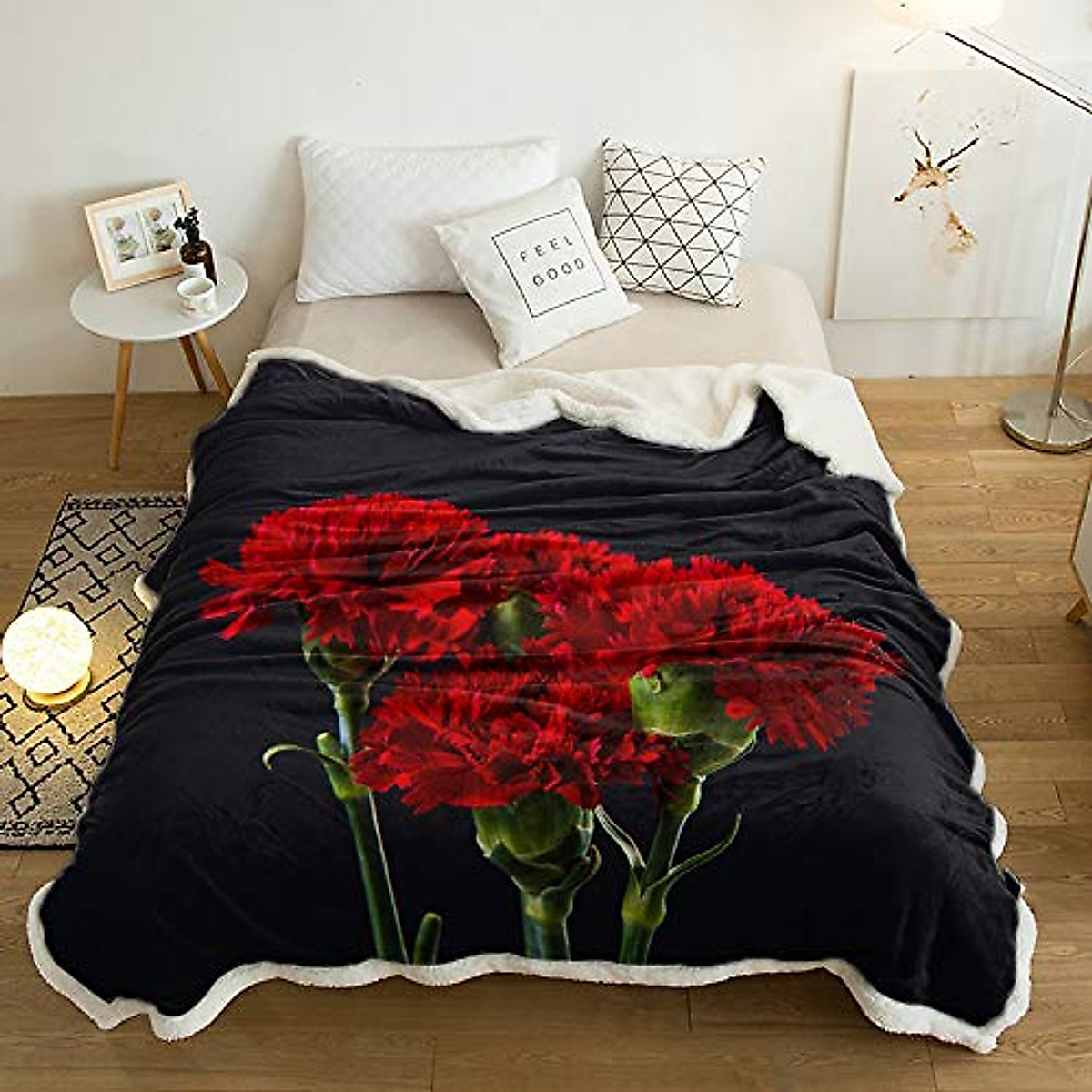 Futuregrace Fleece Blanket Fuzzy Soft Bed Blankets, Carnation Red Flower Pattern Throw Blankets Washable Blanket for Home Hotel and Travel, 39x49in