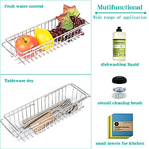 YQh Kitchen Sponge Holder, Sink Caddy，Sink Storage Rack Holder Adjustable，Over Sink Expandable(11.8''-18.9'') Brush Soap Storage Rack，Rust Proof Water Proof, No Drilling- Stainless Steel
