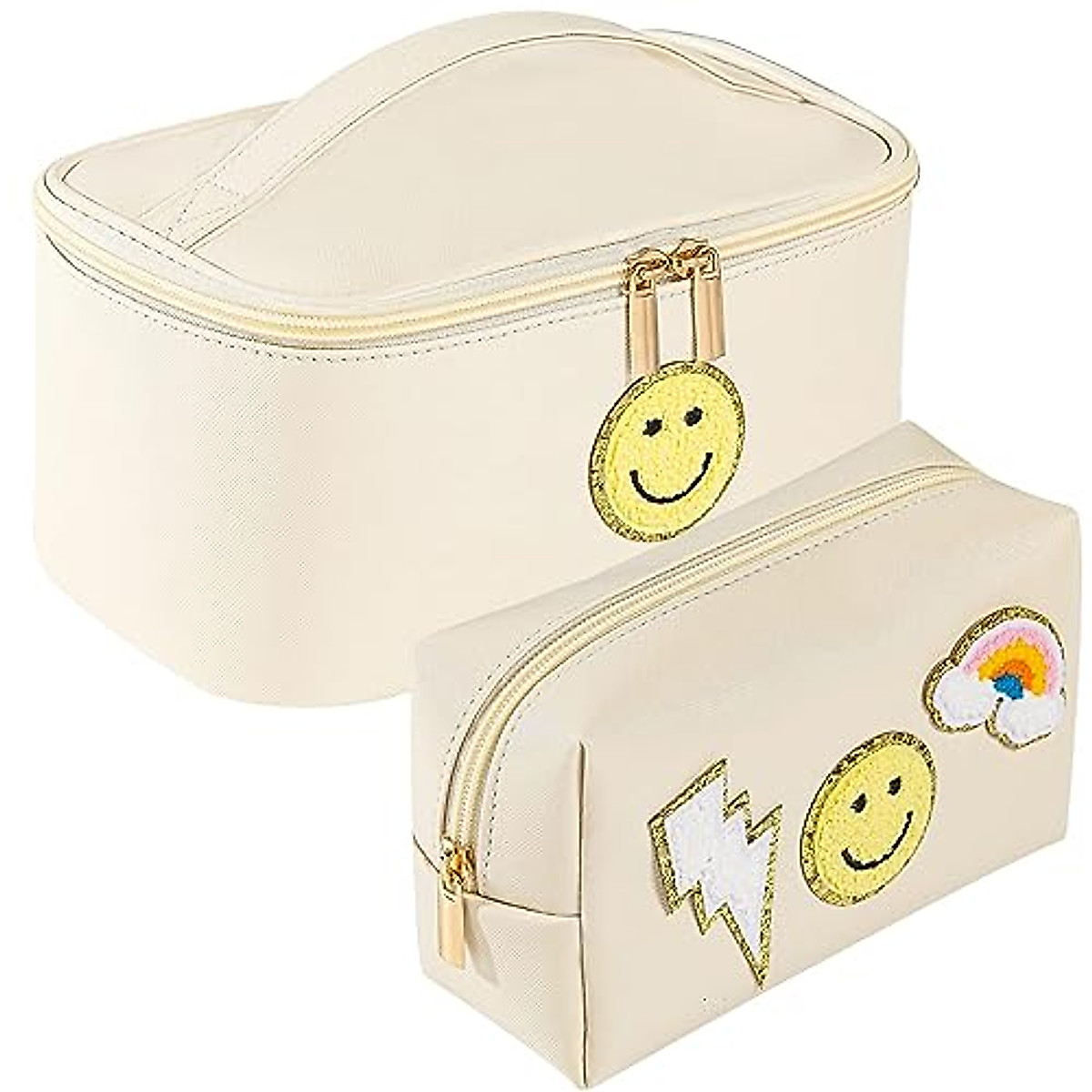 WALONER 2 Pack Preppy Patch Makeup Bag Leather Cosmetic Bag Makeup Pouch, Portable Waterproof Travel Toiletry Organizer,Toiletry Bag for Women Girls Gifts (White)