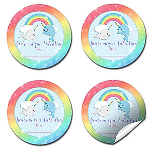 Narwhal Unicorn of The Sea Valentine Party Favor Sticker Labels for Girls, 40 2" Party Circle Stickers by AmandaCreation, Great for Classroom Valentines, Envelope Seals, Gifts & Treats