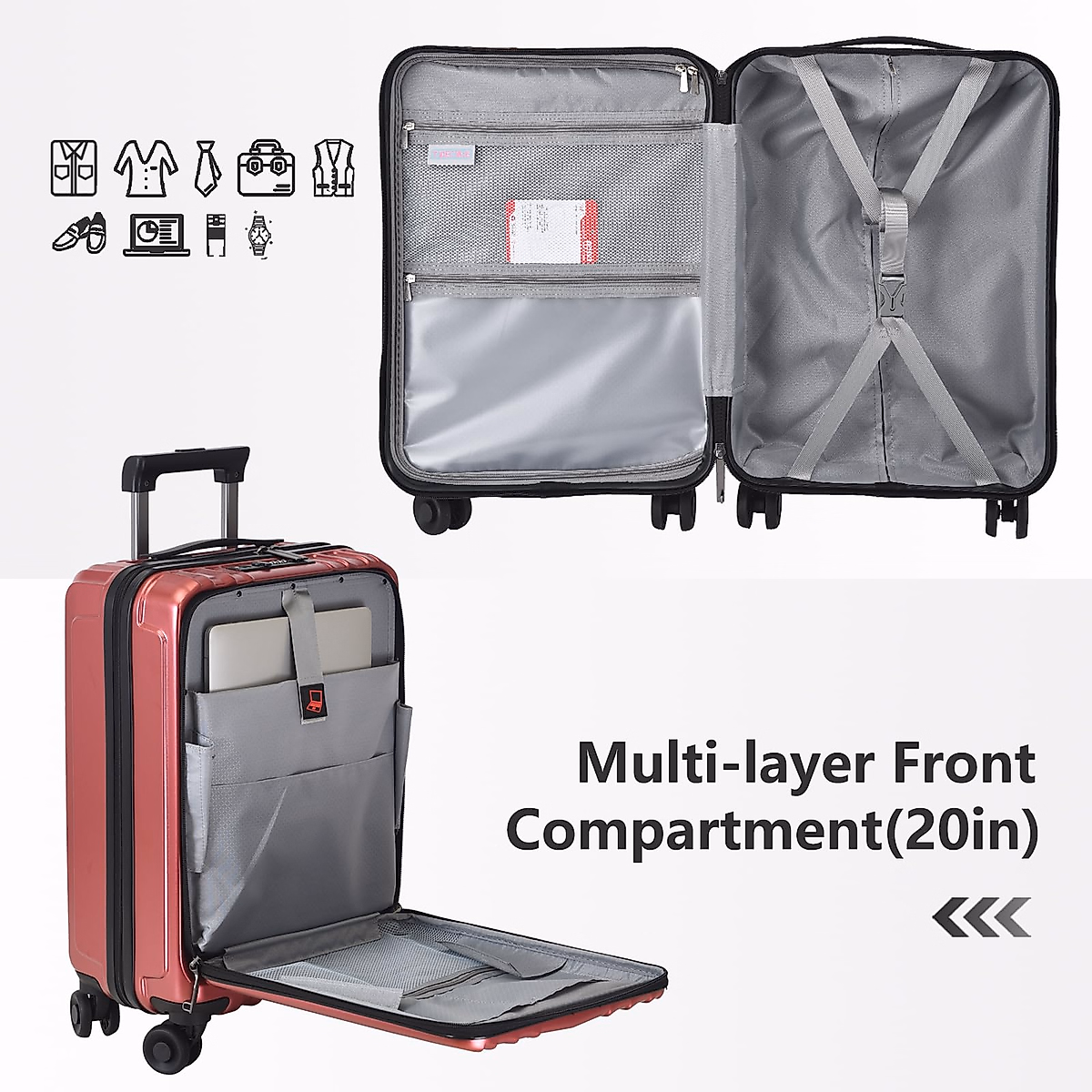 TydeCkare Carry On 55x35x23cm Cabin Luggage 20 Inch with Front Compartment for 15.6" Laptop, Lightweight ABS+PC Hardshell Suitcase with TSA Lock, 4 Spinner Silent Wheels