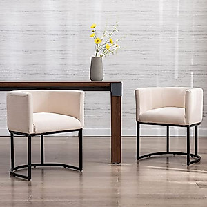 Wahson Set of 2 Linen Upholstered Dining Chair, Mid Century Modern Fabric Bucket Dining Chair with Black Metal Legs, Cream