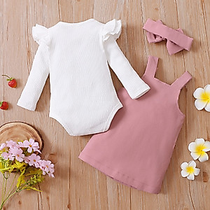 Kupretty Newborn Baby Girl Fall Clothes Ruffle Long Sleeve Ribbed Romper Corduroy Suspender Skirts Infant Overalls Dress Outfits (Pink, 0-3 Months)