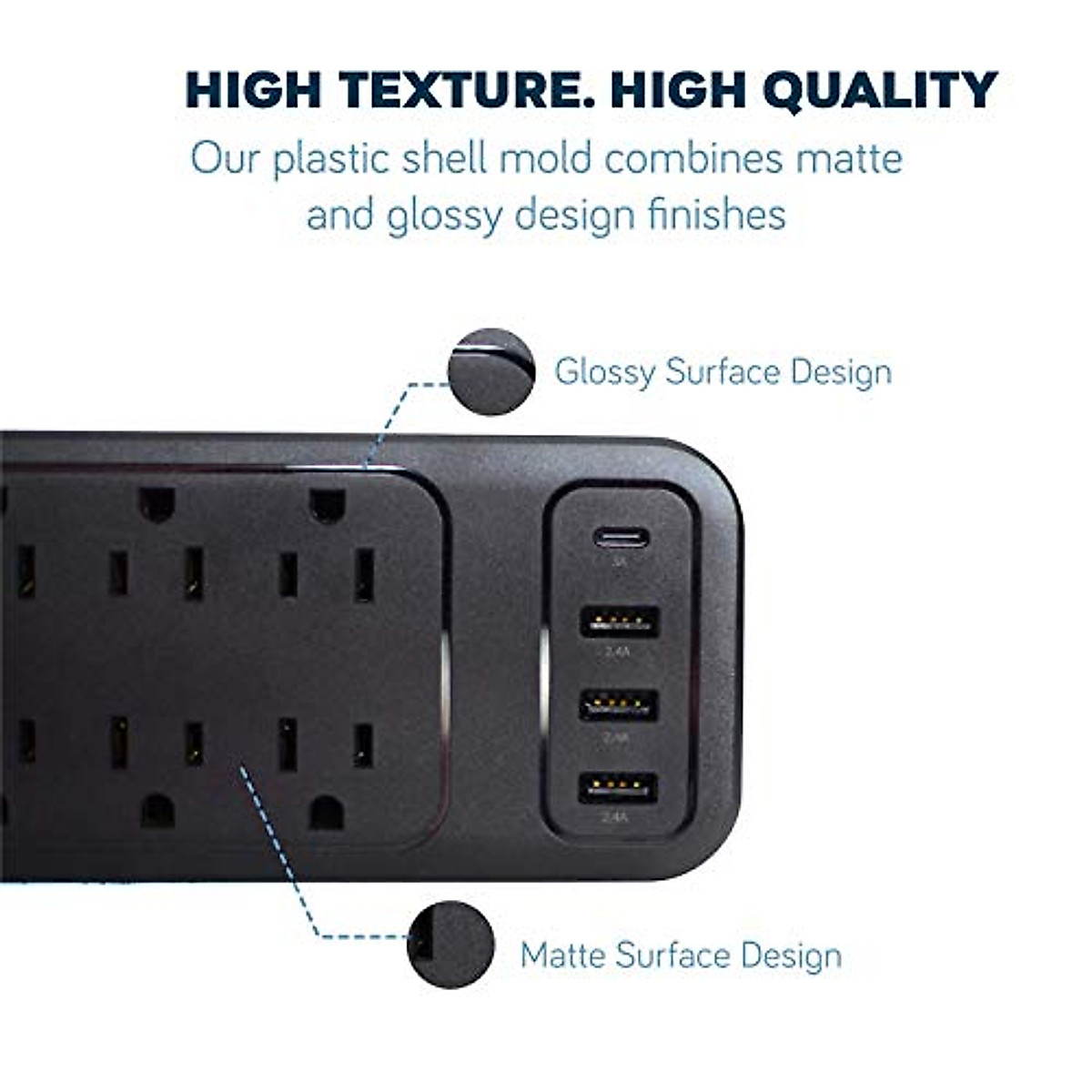 Power Strip Surge Protector USB-C and 10 AC Outlets, 3 USB and 1 USB C, Fast Charging Ports, Black, Flat Plug 6 ft Extension Cord, 2100 J 1875 Watts, 15A, Outlet Extender, ETL, BENTRONIC.