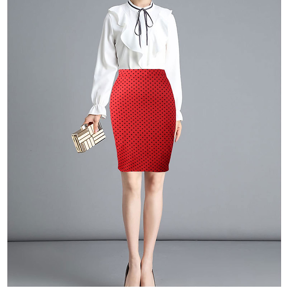 Topdress Women's Bodycon Pencil Skirts Basic Elastic High Waisted Stretch Short Skirt Knee Lenght with Slit Midi Red Black Dot Small