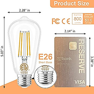 GOLSPARK Edison Bulbs 60 Watt Equivalent, E26 LED Bulb Soft White 3000K, 800LM, 6W 120V CRI85, E26 Base, ST58 Clear Vintage Light Bulbs for Living Room Dining Bathroom Vanity, Non-dimmable, 6 Pack