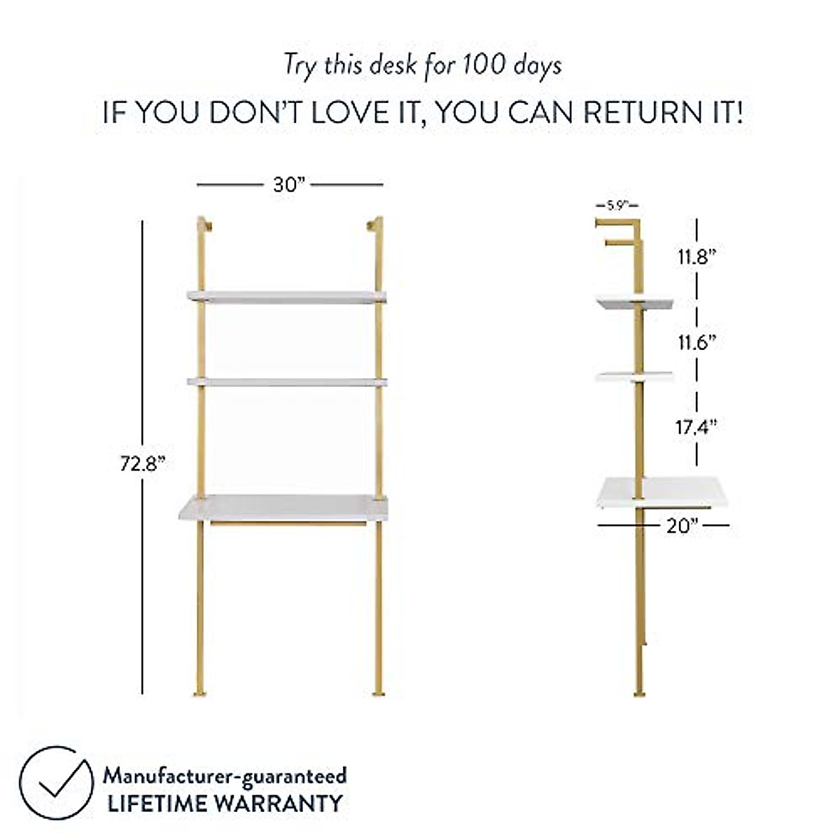 Nathan James Theo 2-Shelf Industrial Wall Mount Ladder Small Computer or Writing Desk, White/Gold Brass