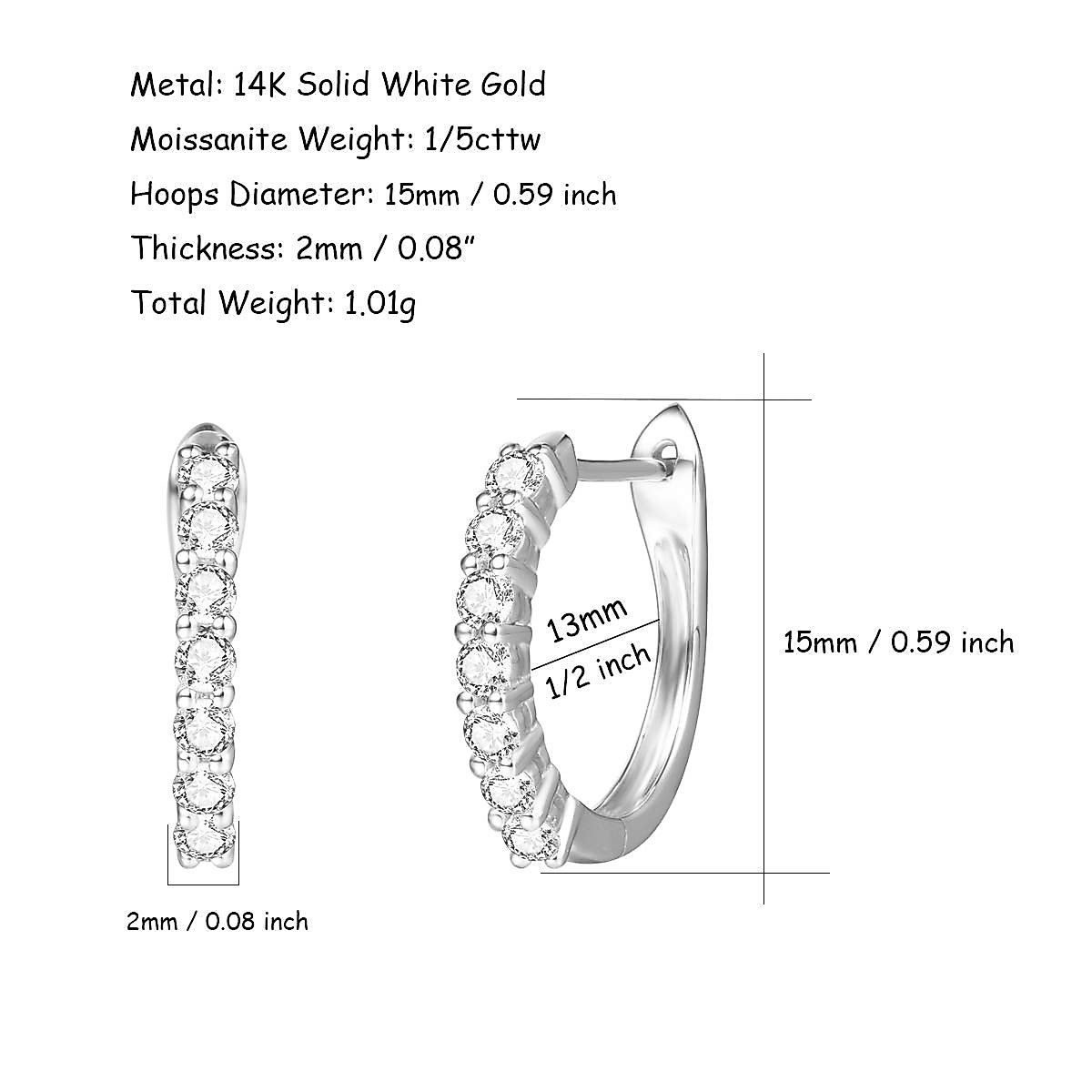 FANCIME Mothers Day Gifts 14k Solid White Gold Round Cut Prong 1/5cttw Moissanite Hoop Earrings Small Little Tiny Huggie Hoop Earrings Dainty Fine Jewelry for Women D-E Color VVS Clarity - 15mm
