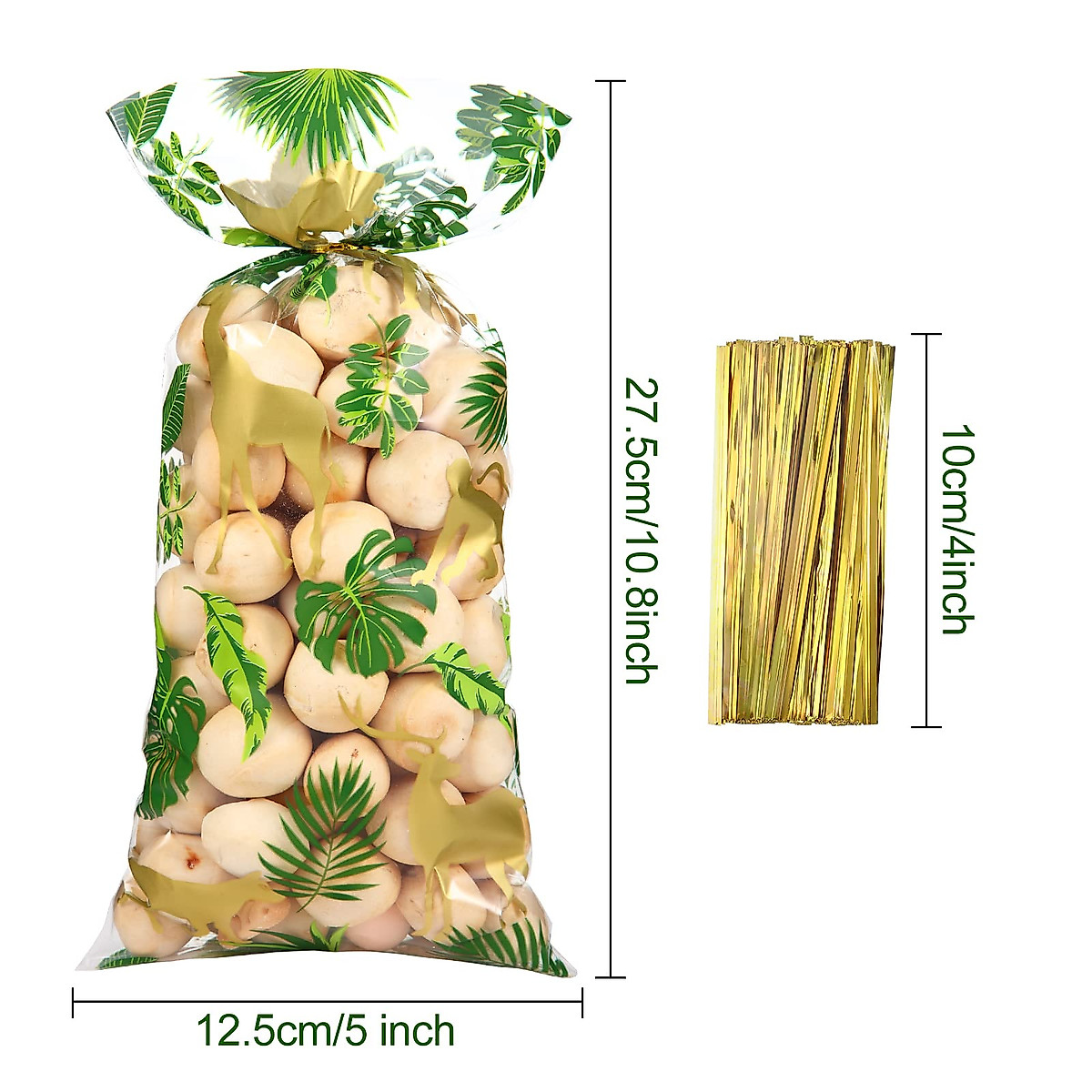 100 Pieces Jungle Animal Cellophane Treat Bags, Green Gold Safari Animal Palm Leaves Plastic Candy Goodie Bags with 100 Gold Twist Ties for Wild One Safari Baby Shower Birthday Party Favors