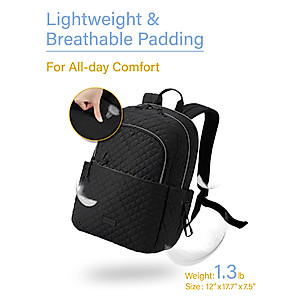 BAGSMART Laptop Backpack for Women, Quilted Travel Backpack Fits 15.6 Inch Laptop, Lightweight Bookbag for School with Charging Port Hole, Computer Backpack for College Work Business, Classic Black