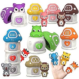 Learning Toddler Toys for 1 2 3 Year Old, 20 Pcs Farm Animal for Toddlers 1-3 3-5 with Farm Animal Mushroom House & Finger Puppets, Counting, Color Matching, Sorting & Stacking Baby Toys Kids Toys