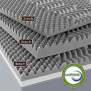 UniPon 3 Inch Egg Crate Memory Foam Mattress Topper, Charcoal Infused Mattress Topper, 7 Zones Foam Bed Topper, CertiPUR-US Certified (Queen)